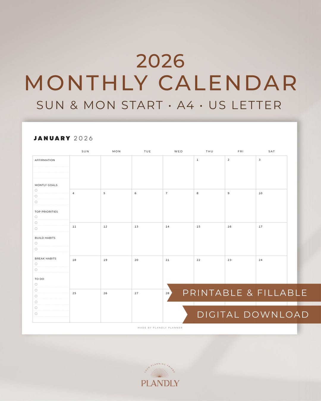 2026 Monthly Planner, Fillable PDF, A4 US Letter (digital Download) - Etsy