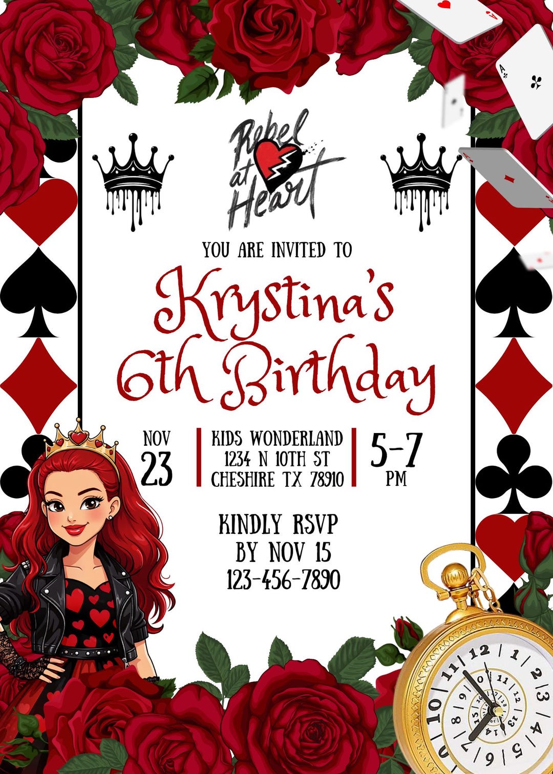 Rebel at Heart Birthday Invitation • Red & Black Princess Party Invite ...
