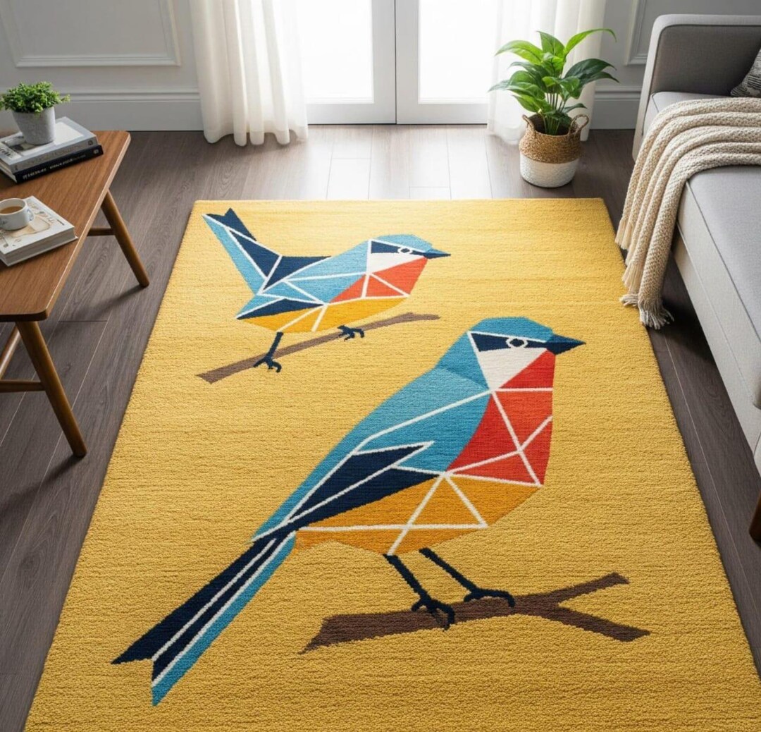 Hand Tufted Bird Area Rug, Modern Geometric Bird Rug, Colorful Animal ...