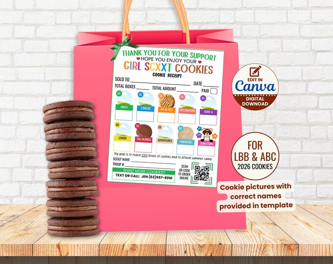 Editable Scout Cookie Receipt 2026 for LBB & ABC Cookie Thank You Gift ...