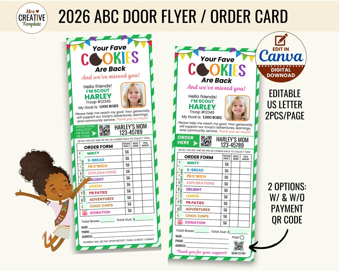 ABC Cookie Door Flyer With Order Card Editable, 2026 Scout Cookie Sales ...