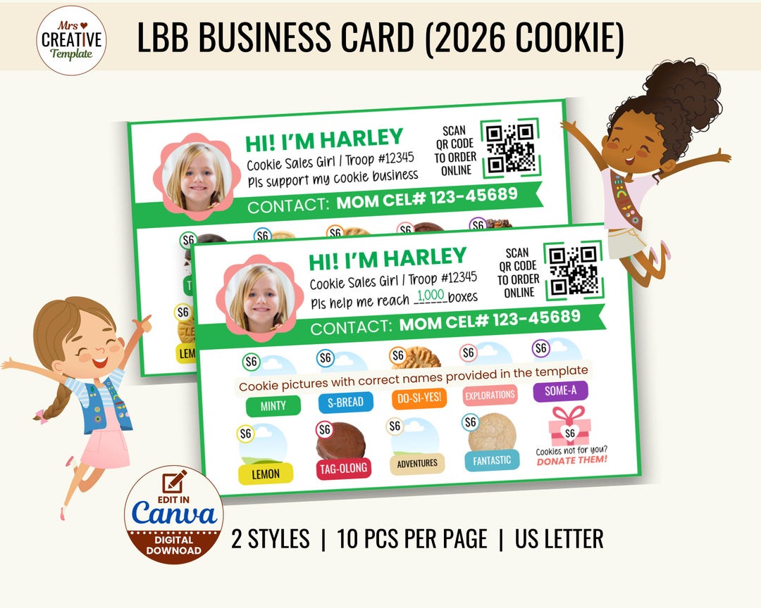 LBB Cookie Business Card Editable 2026 Scout Cookie Seller Contact Card ...