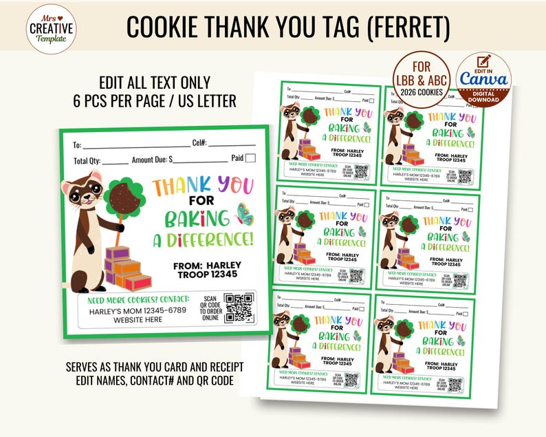 Editable Scout Cookie Thank You Card W/ QR Code, 2026 LBB & ABC Cookie ...