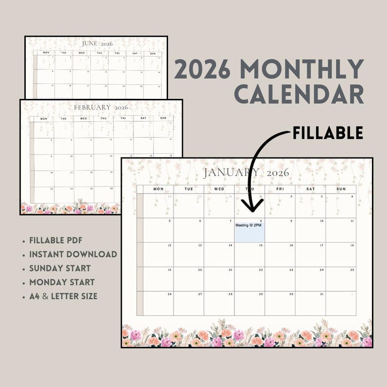 2026 Printable Fillable Monthly Calendar | A4 and US Letter | Sunday ...