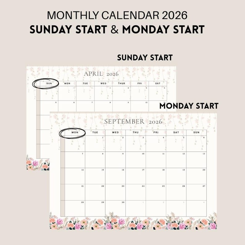 2026 Printable Fillable Monthly Calendar | A4 and US Letter | Sunday ...