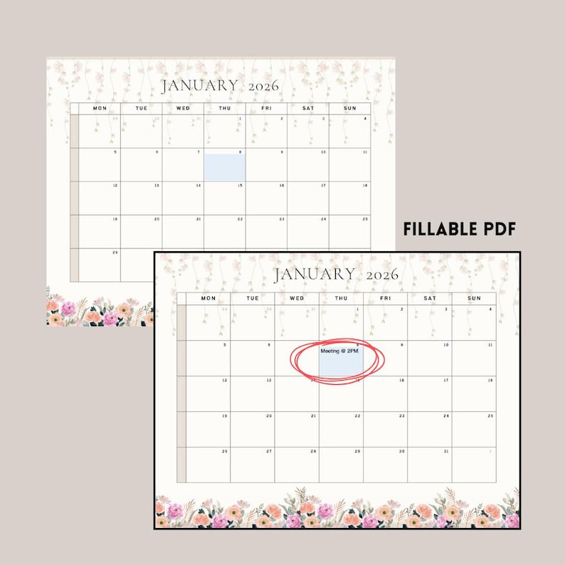 2026 Printable Fillable Monthly Calendar | A4 and US Letter | Sunday ...