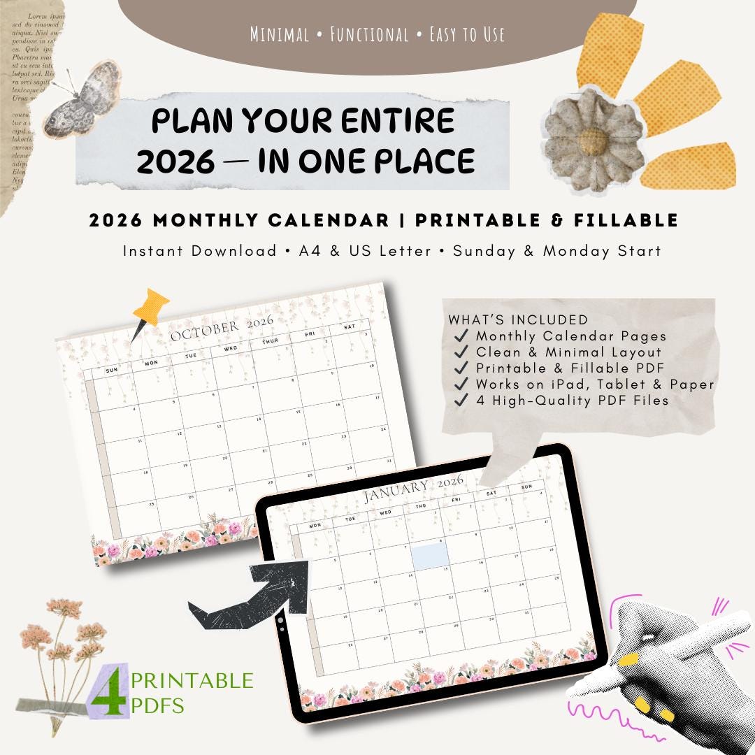 2026 Monthly Calendar Printable | Fillable PDF | A4 and US Letter ...