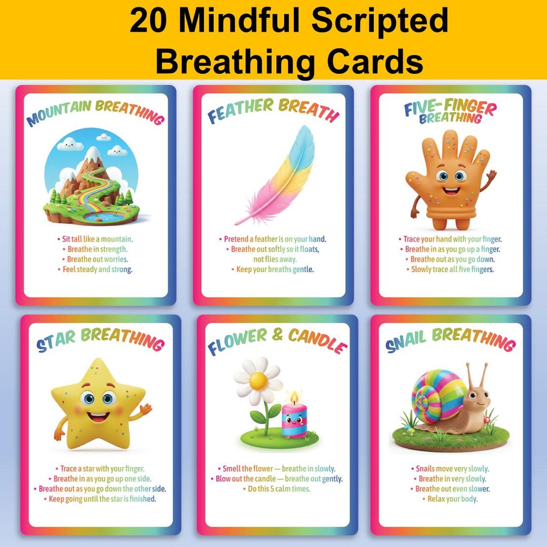 Mindful Breathing Cards for Kids, Anxiety Relief, Calming Strategies ...
