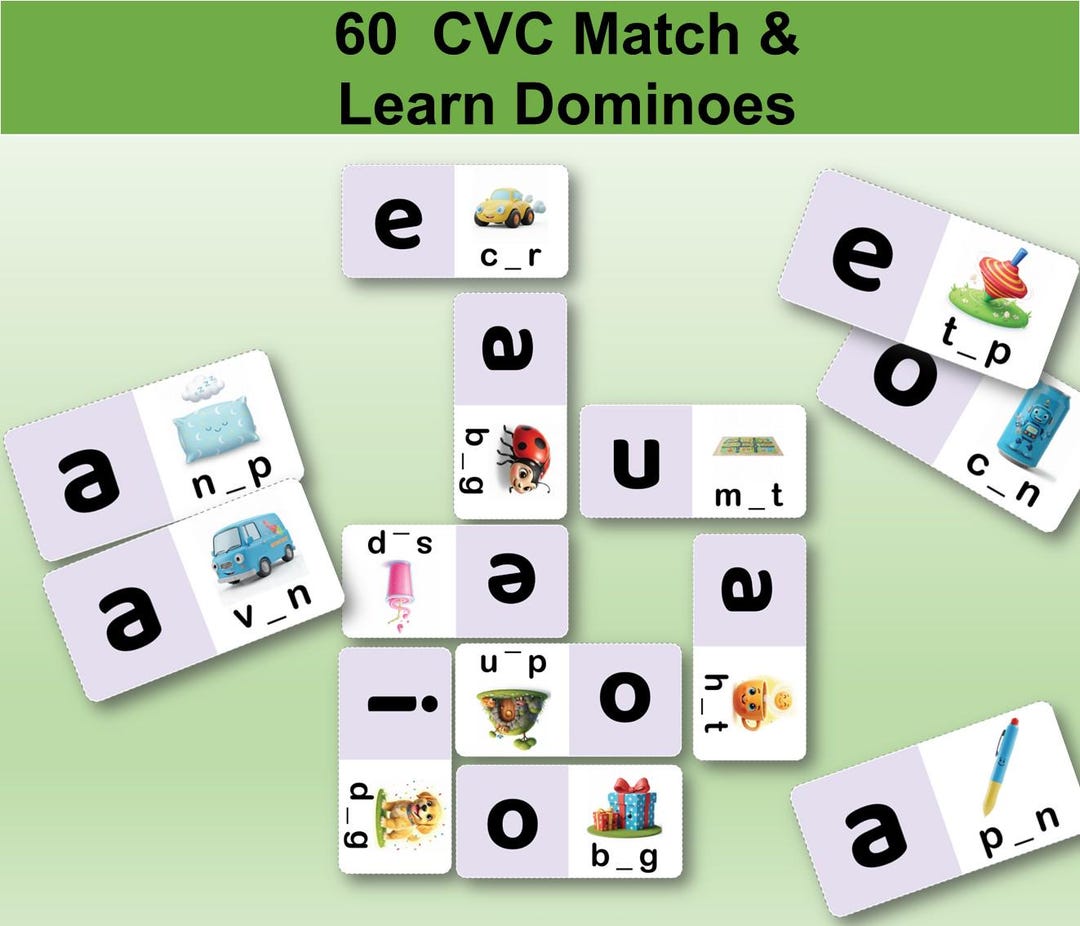 CVC Dominoes Phonics Matching Game | Preschool Kindergarten Printable ...