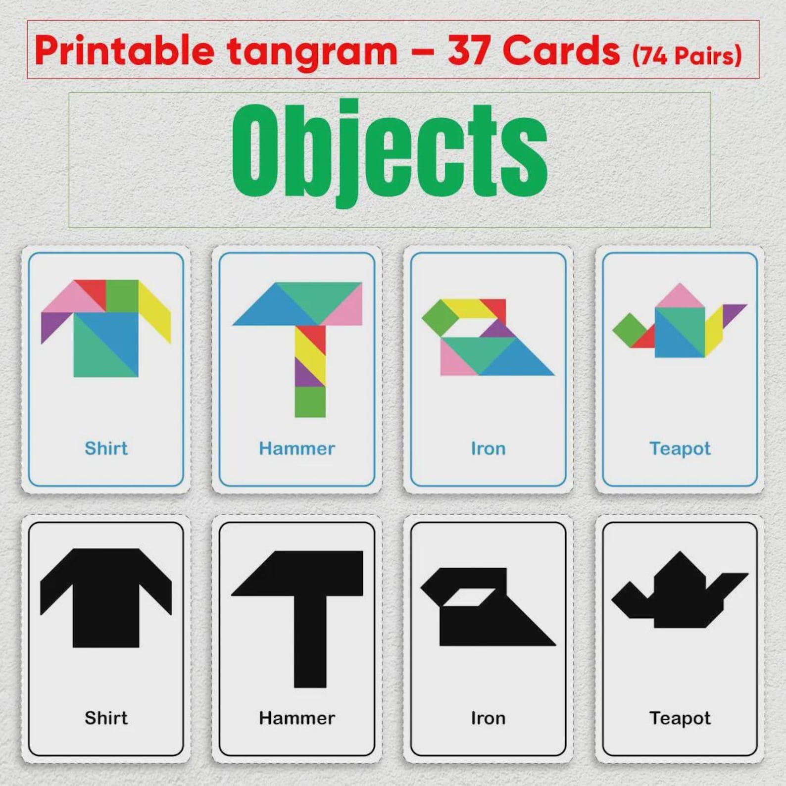 Printable Tangram Puzzle Cards – Shapes, Animals, Objects (digital ...