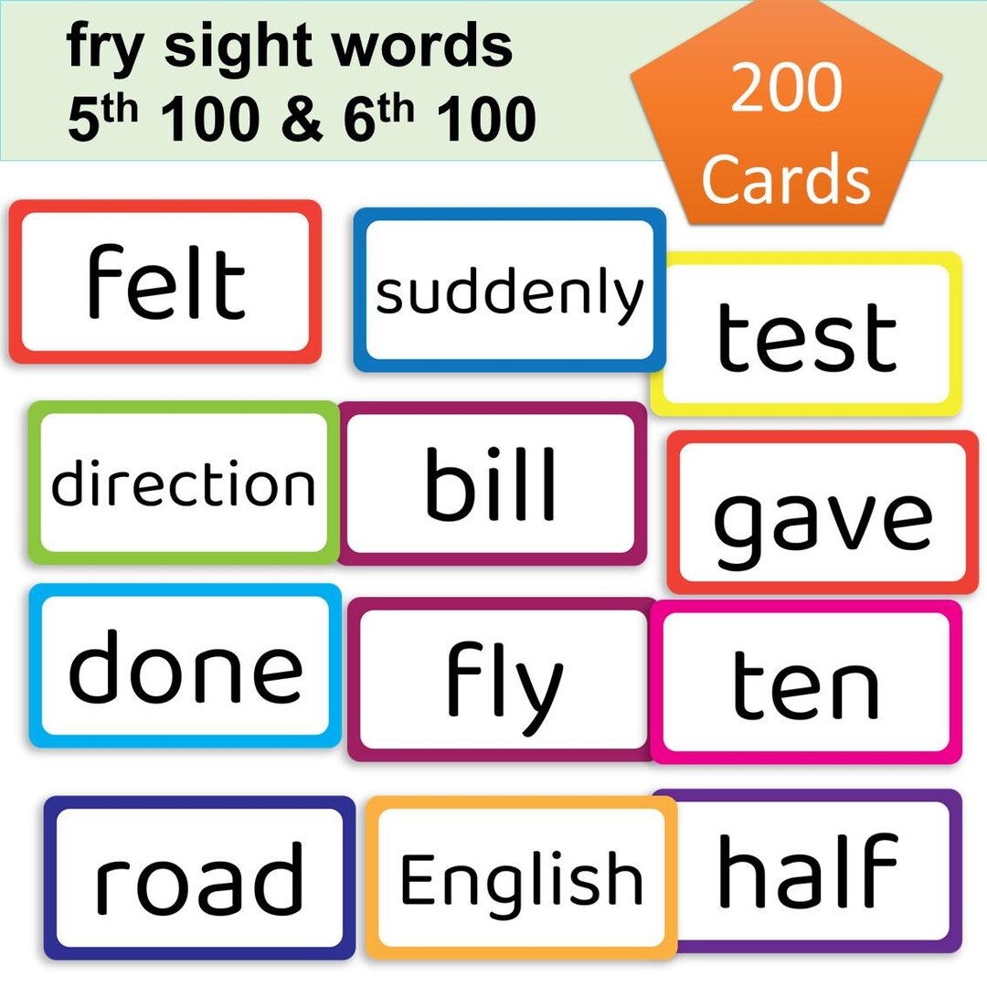 Fry Sight Words Flashcards, 5th & 6th 100, Montessori Printables ...