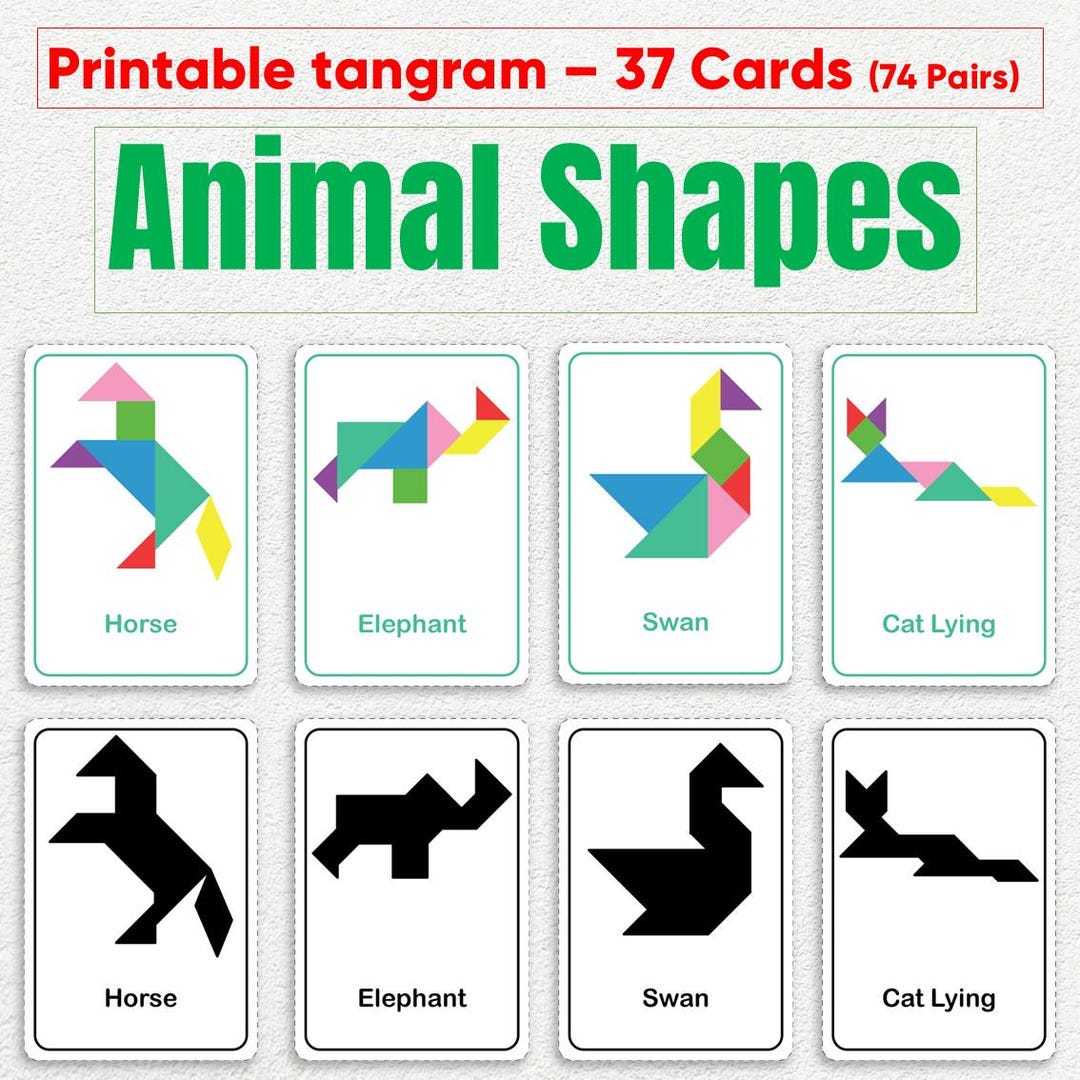 Printable Tangram Animal Shapes – 37 Cards (74 Pairs) | Animal Tangram ...