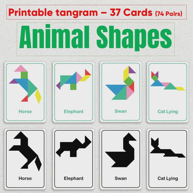 Printable Tangram Puzzle Cards – Shapes, Animals, Objects (digital ...
