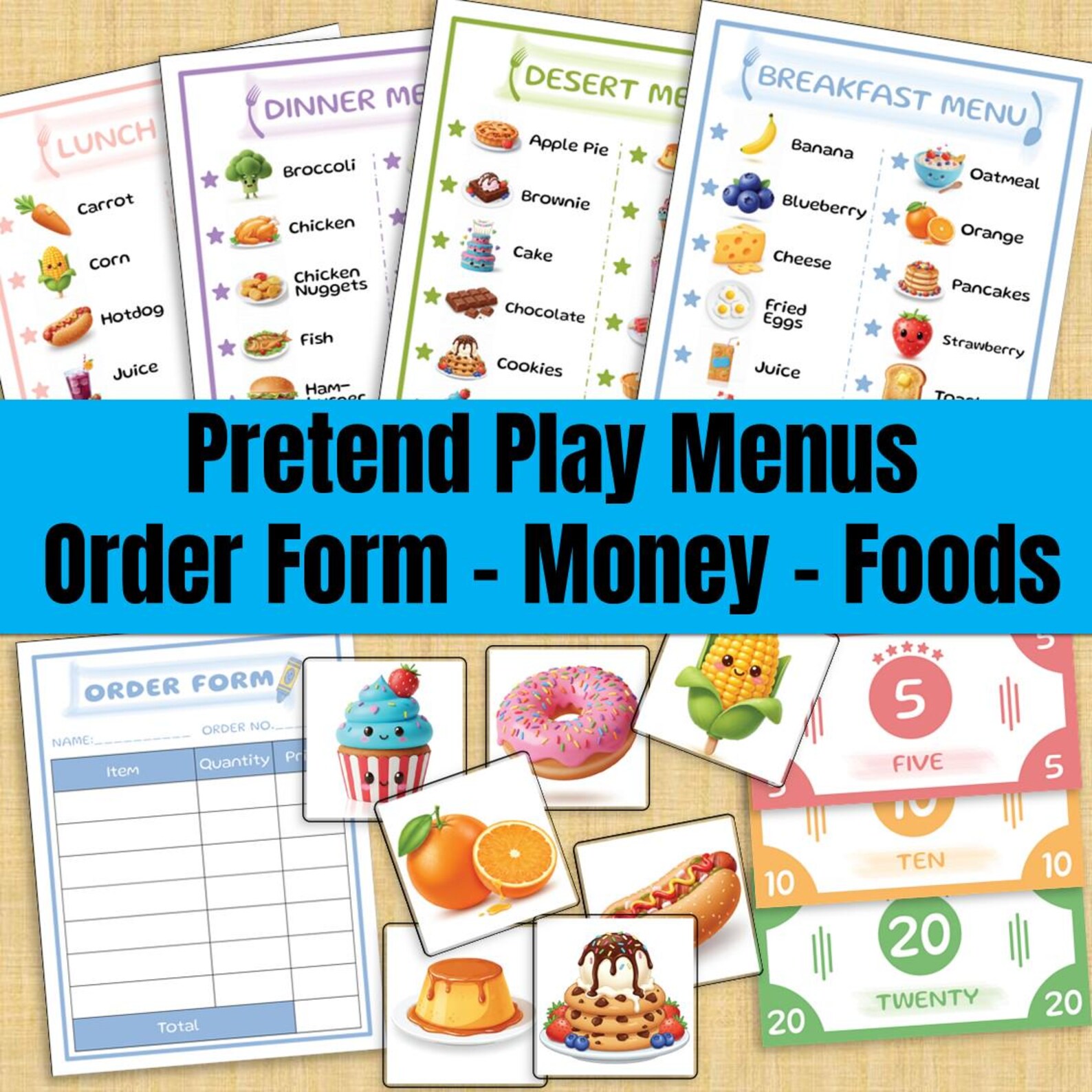 Pretend Play Restaurant Set – Printable Menus, Order Forms, Food Cards ...