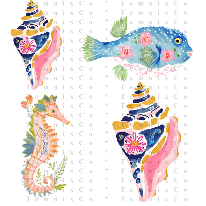 Coastal Sea Life Clipart Bundle | Watercolor Ocean Animals, Shells ...