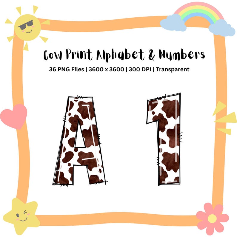 Cow Print Alphabet A to Z and 0 to 9 PNG | Cute Farm Animal Letters ...