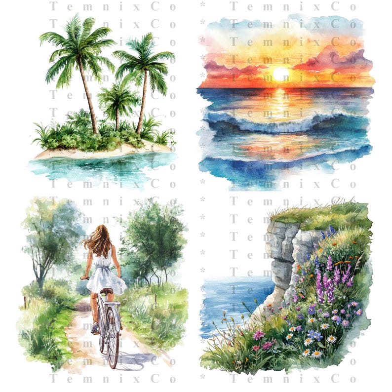 Summer Scenery Clipart PNG Bundle | Beach Landscape Watercolor Scenes ...