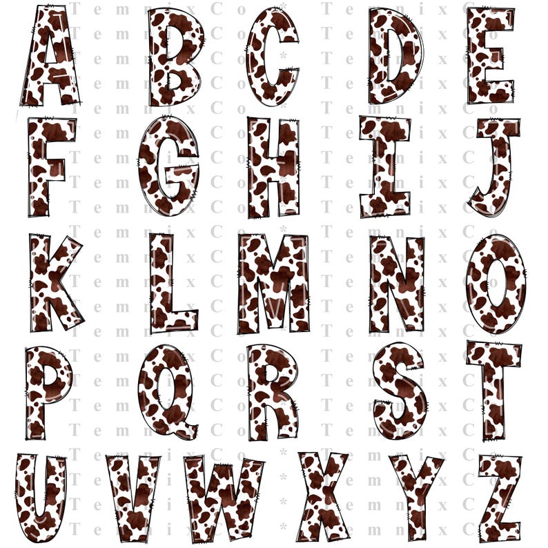 Cow Print Alphabet A to Z and 0 to 9 PNG | Cute Farm Animal Letters ...