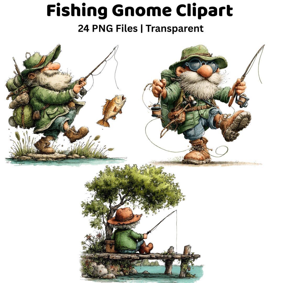 Fishing Gnome Clipart PNG | Fisherman Gnome Graphics | Outdoor Hobby ...