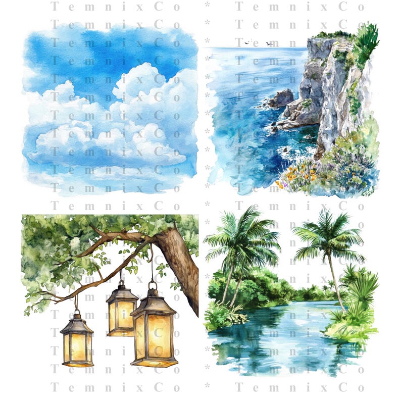 Summer Scenery Clipart PNG Bundle | Beach Landscape Watercolor Scenes ...