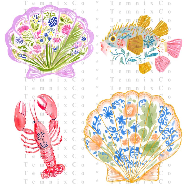 Coastal Sea Life Clipart Bundle | Watercolor Ocean Animals, Shells ...