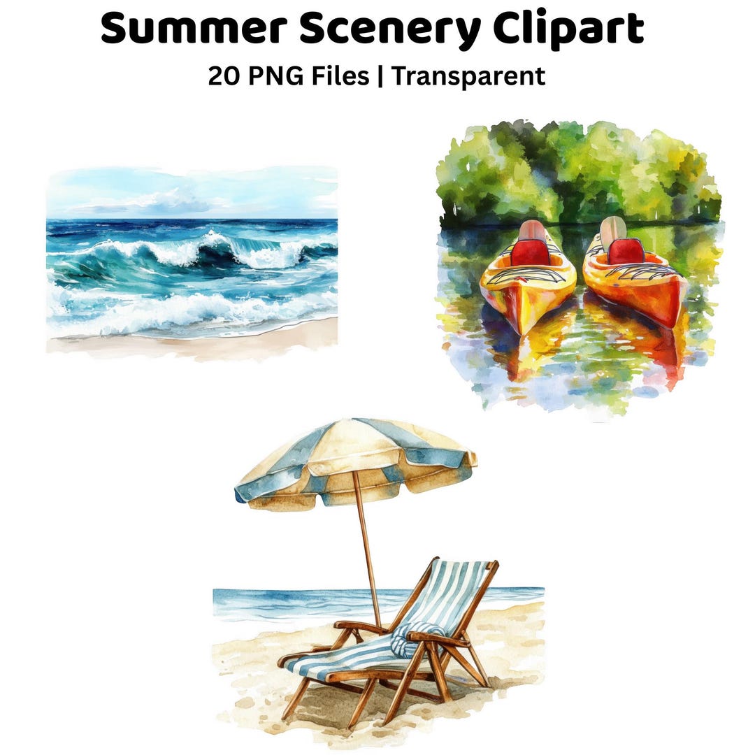 Summer Scenery Clipart PNG Bundle | Beach Landscape Watercolor Scenes ...