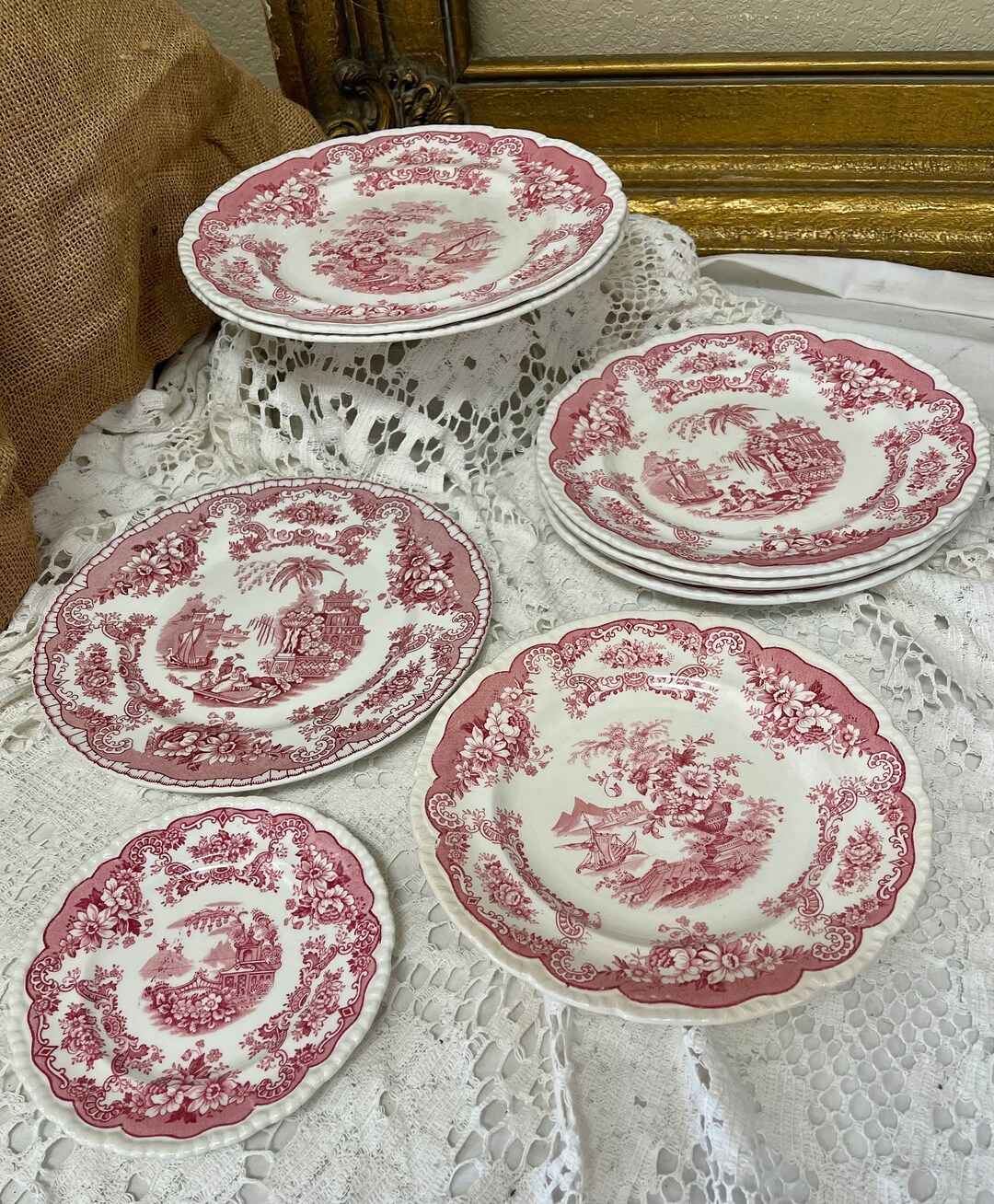 JOHN MADDOCK & SONS England Transfer Ware Red White Bombay Chinoiserie ...