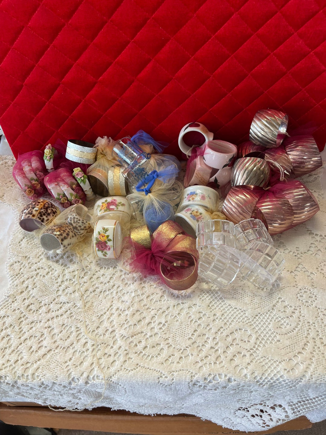 Your CHOICE of Vintage Napkin Ring Sets Crystal Dresden Pyrex Blue ...