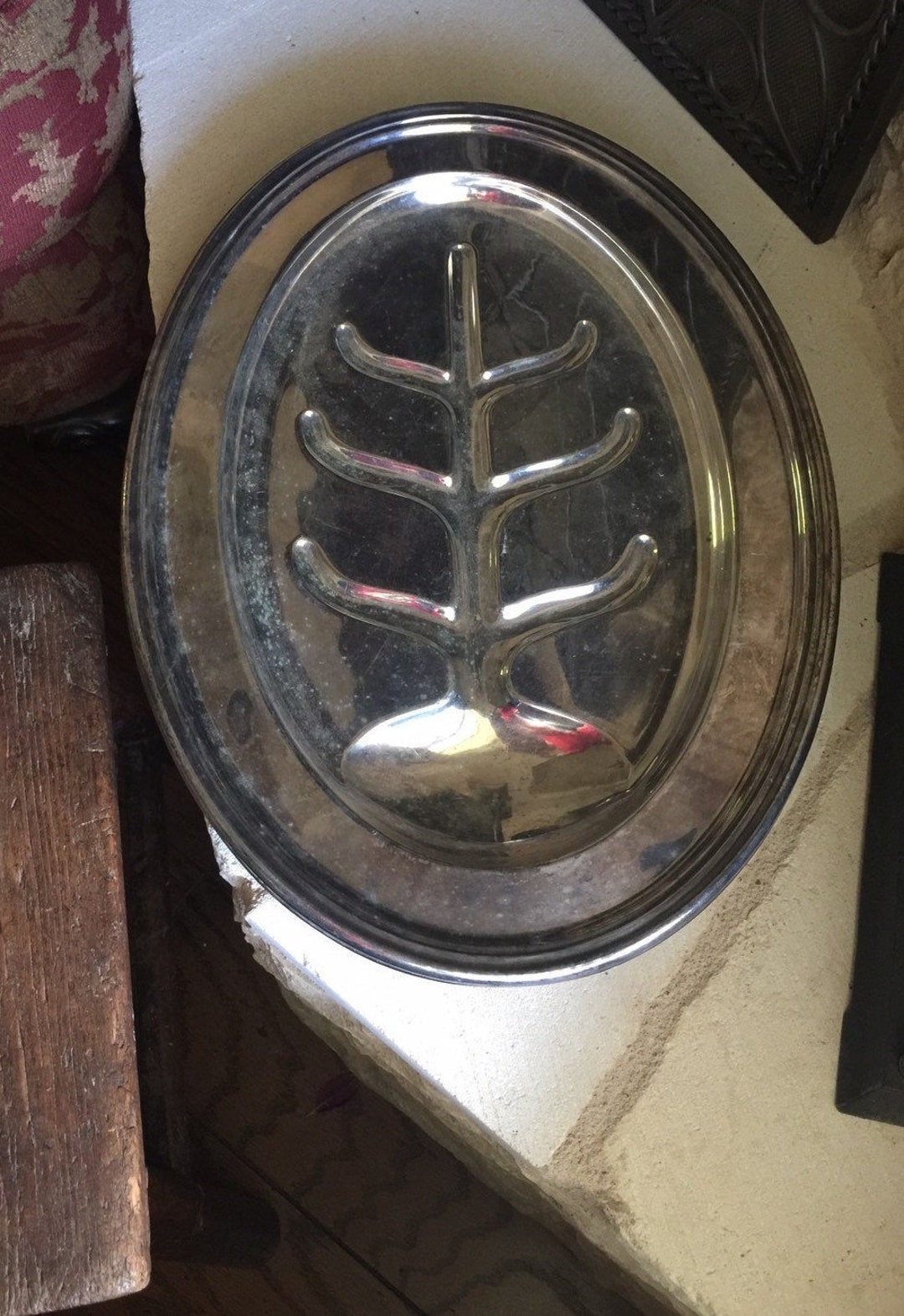 Oval Silver Plate Meat Platter Tree of Life Footed Well Indention ...