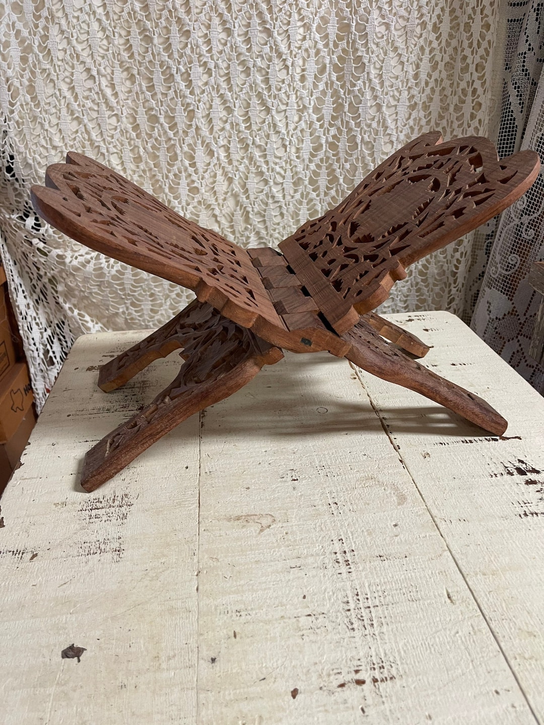 Vintage LARGE Folding Collapsible Book Stand Wood Carved Mid Century ...