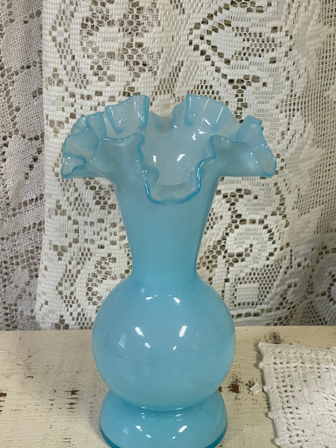 Vintage Fenton Blue Vase Art Deco Ruffled Edge Tall - Etsy