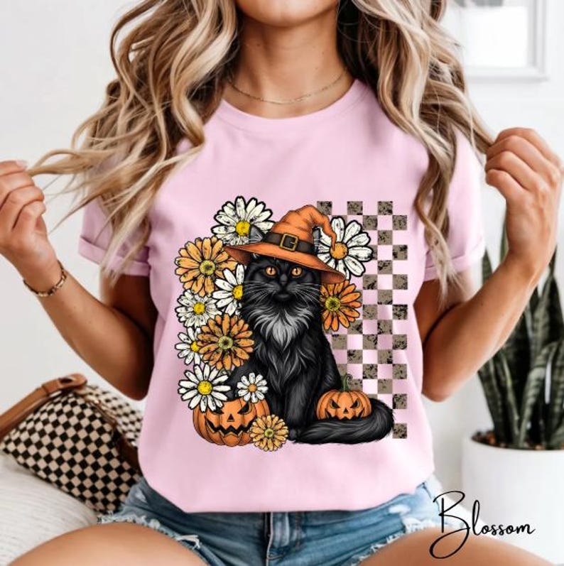 Black Cat Witch Hat Halloween Shirt, Autumn Florals, Pumpkins, Comfort ...