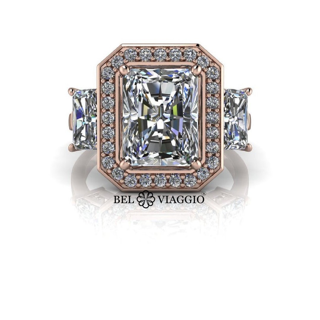 Radiant Cut Engagement Ring Three Stone Halo Anniversary Ring Gold ...