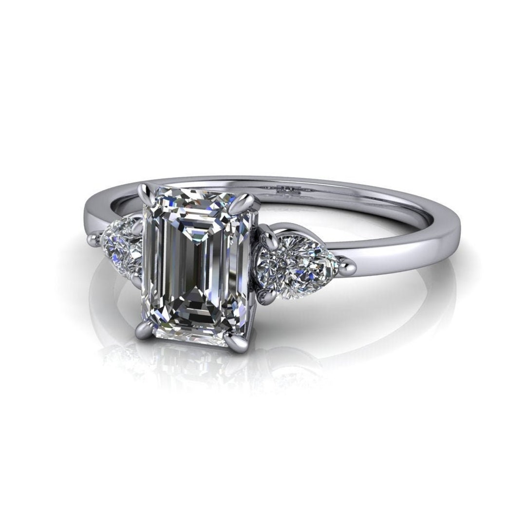 Gold Proposal Ring Emerald and Pear Moissanite Engagement Ring Three ...