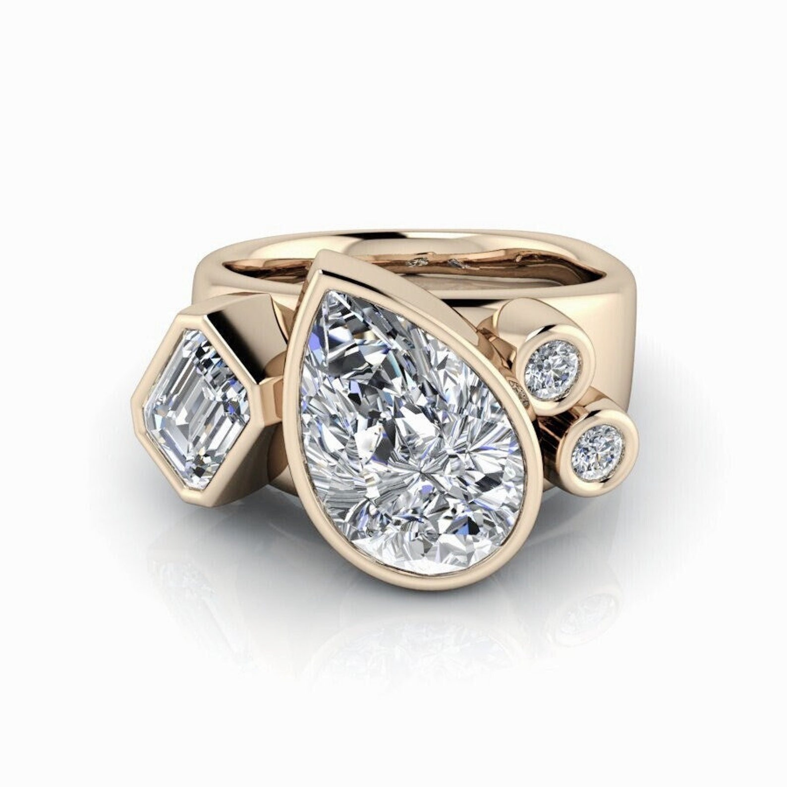 Certified Lab Diamond Ring, Bezel Set, Multi-stone, Wide Band Fashion ...