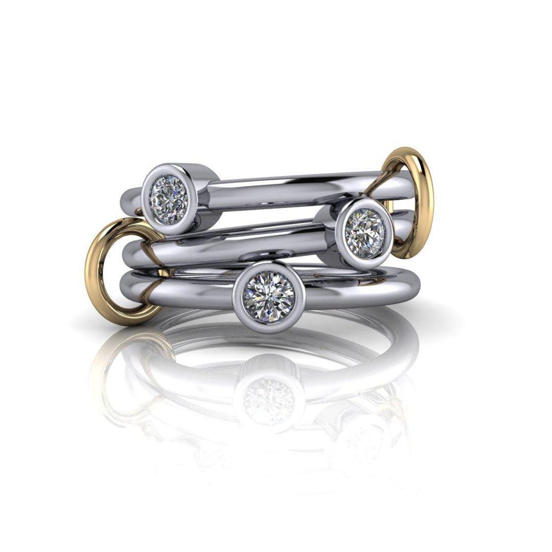 Diamond Connected Rings, Bezel Set, Stack of Gold Rings, Linked Silver ...