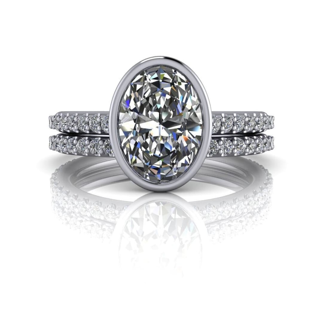 Oval Engagement Ring Bezel Set Cathedral Gold Ring Bridal Set - Etsy