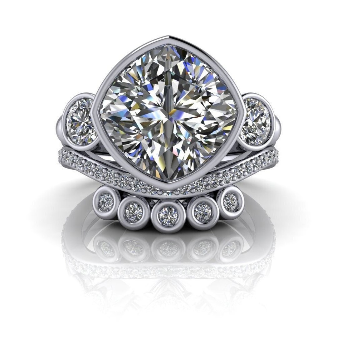 Cushion Cut Bridal Set Engagement Ring Bezel Set Gold Ring Bel Viaggio ...