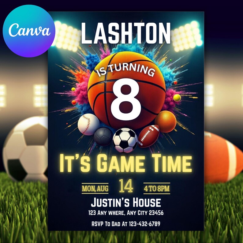 Sports Birthday Invitation Template, All Star Theme, Canva Editable ...