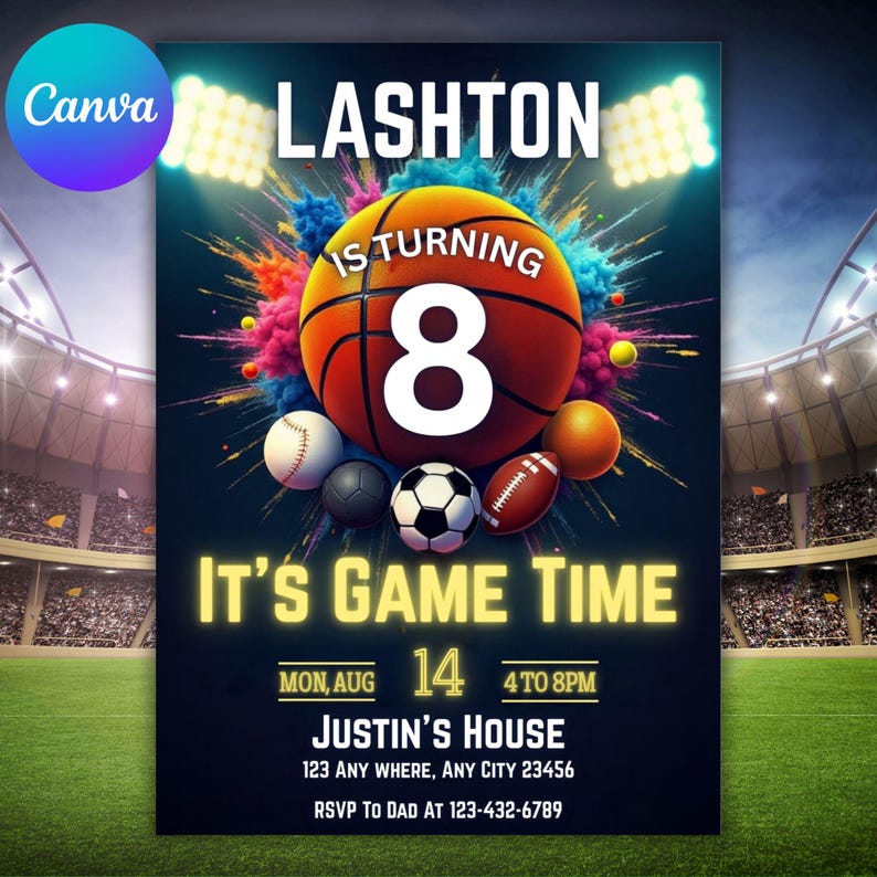 Sports Birthday Invitation Template, All Star Theme, Canva Editable ...