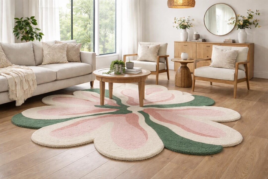 Flower Shaped Area Rug, Handmade Tufted Floral Rug, Pink Green Modern ...