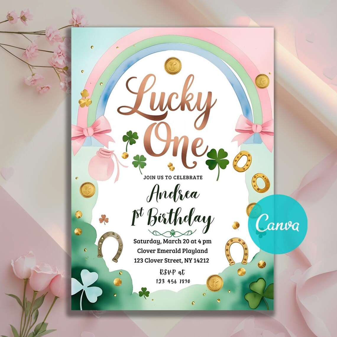 Editable Lucky One 1st Birthday Invite, Pink Green Gold, St Patrick's ...
