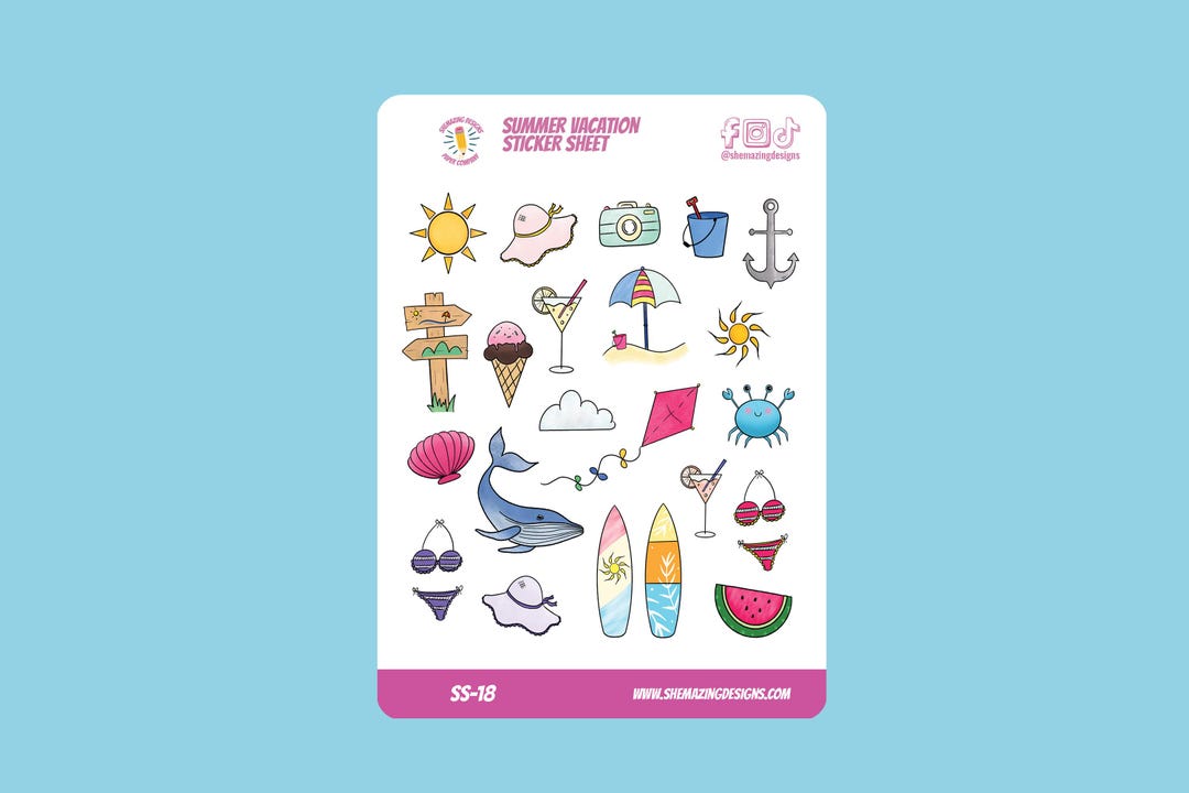 Summer Vacation Sticker Sheet | Kiss-cut Beach & Tropical Stickers for ...