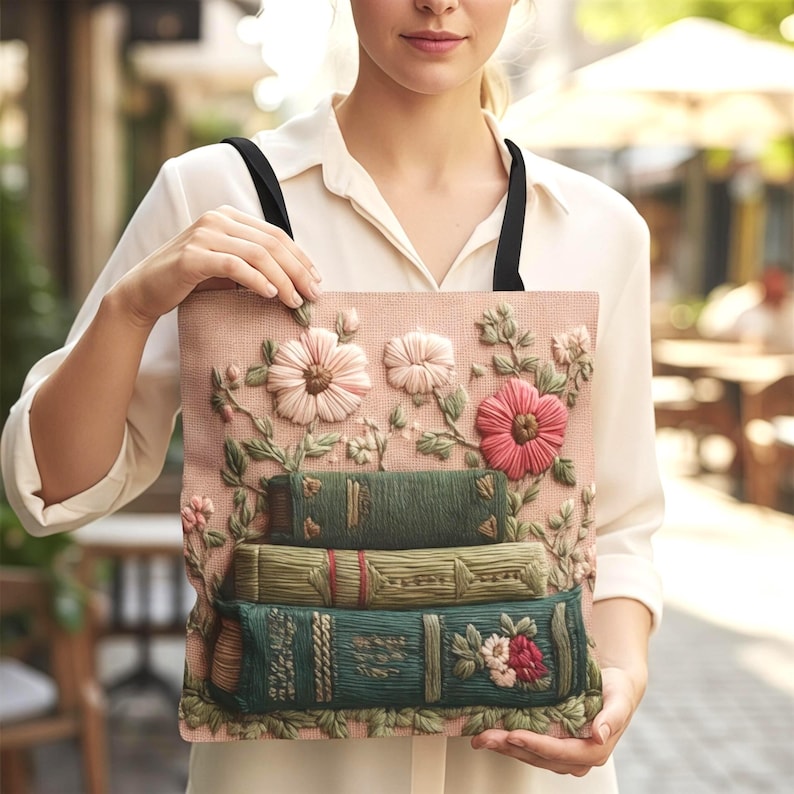PRINTED Book Stack Tote Bag Floral Polyester Book Lover Bag Cottagecore ...