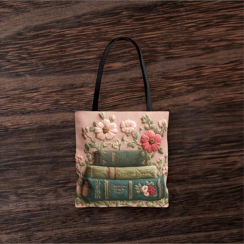 PRINTED Book Stack Tote Bag Floral Polyester Book Lover Bag Cottagecore ...
