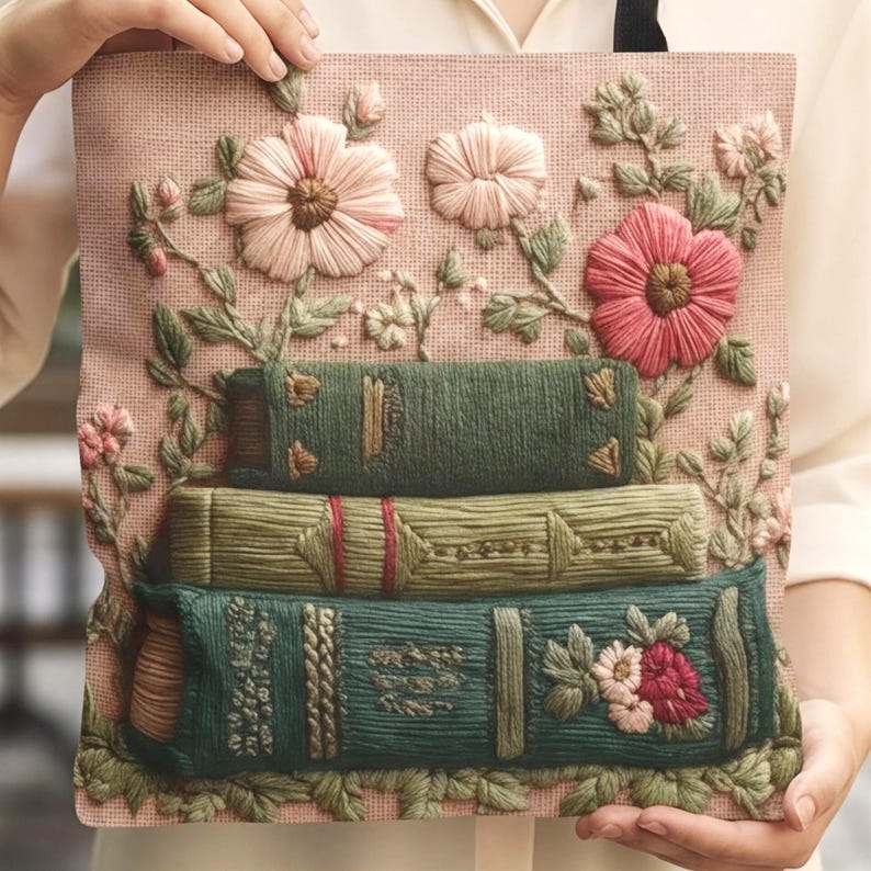 PRINTED Book Stack Tote Bag Floral Polyester Book Lover Bag Cottagecore ...