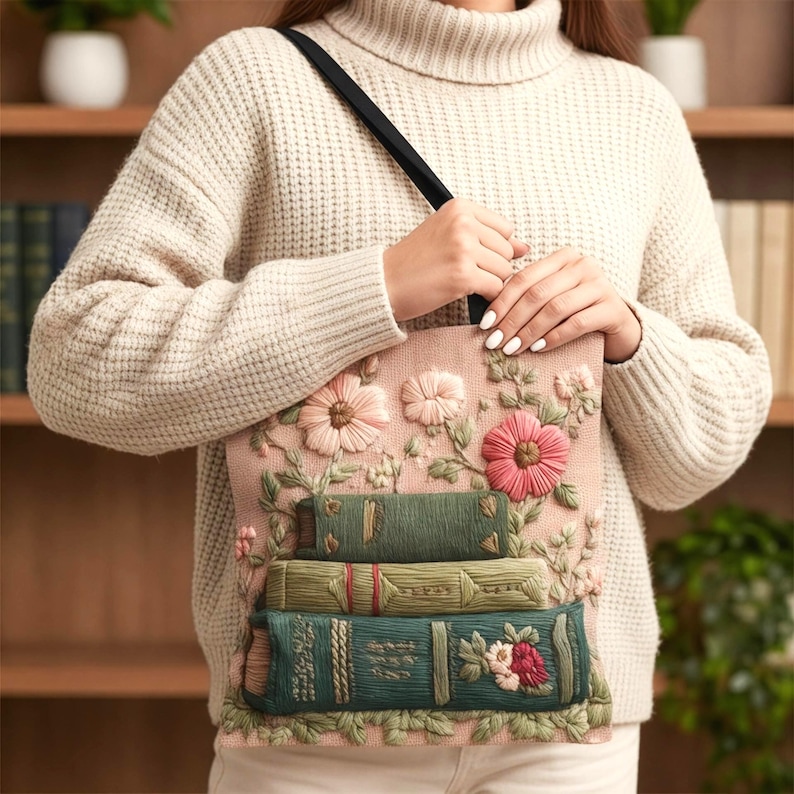 PRINTED Book Stack Tote Bag Floral Polyester Book Lover Bag Cottagecore ...