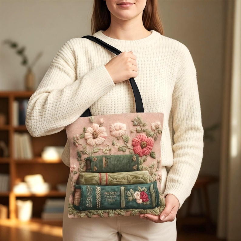 PRINTED Book Stack Tote Bag Floral Polyester Book Lover Bag Cottagecore ...