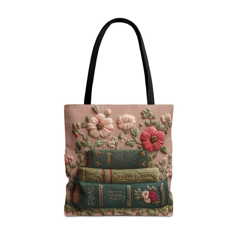 PRINTED Book Stack Tote Bag Floral Polyester Book Lover Bag Cottagecore ...