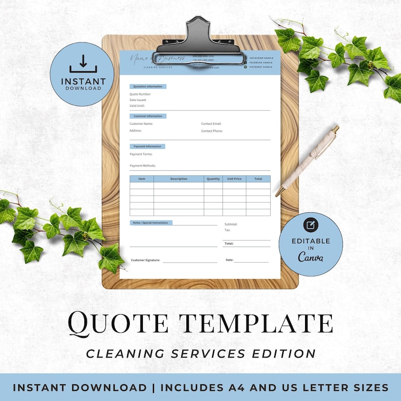 Cleaning Quote Template, Editable Estimate Form for Cleaning Services ...